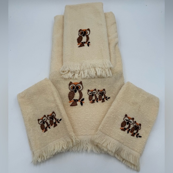 Dundee | Bath | Vintage Mcm Owl Towel Set Embroidered Owls Bath 1 Hand ...